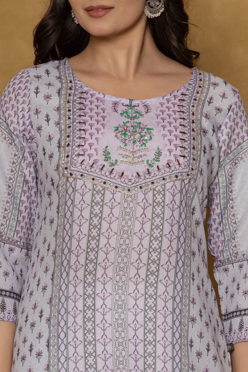 Lavender Kurta Detailed with Handwork on Round Neck – THE NAVRA